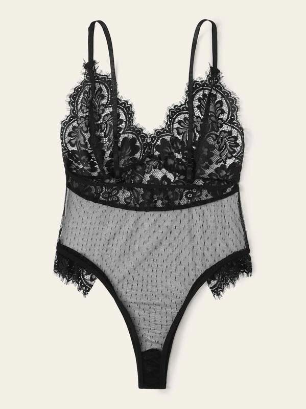 Black Floral Eyelash Lace Sheer One Piece Lingerie – Honey 2 Cool